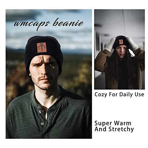 Birsppy Warm Cuffed Beanie Hats for Men Women Skull Leather Patch Winter Hat Soft Ski Knit hat Black