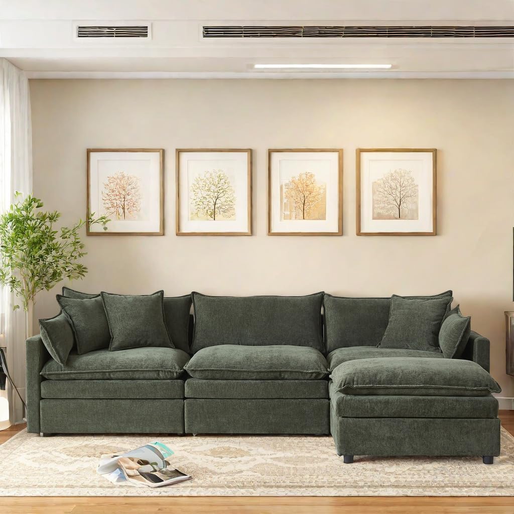 ChicFurnit Couch, L-Shaped Sectional Sofa, Luxury Chenille Fabric Sofa Couch with Foam Cushions, Comfy Upholstered Modular Sofa with Ottoman for Living Room, Apartment & Office, Green