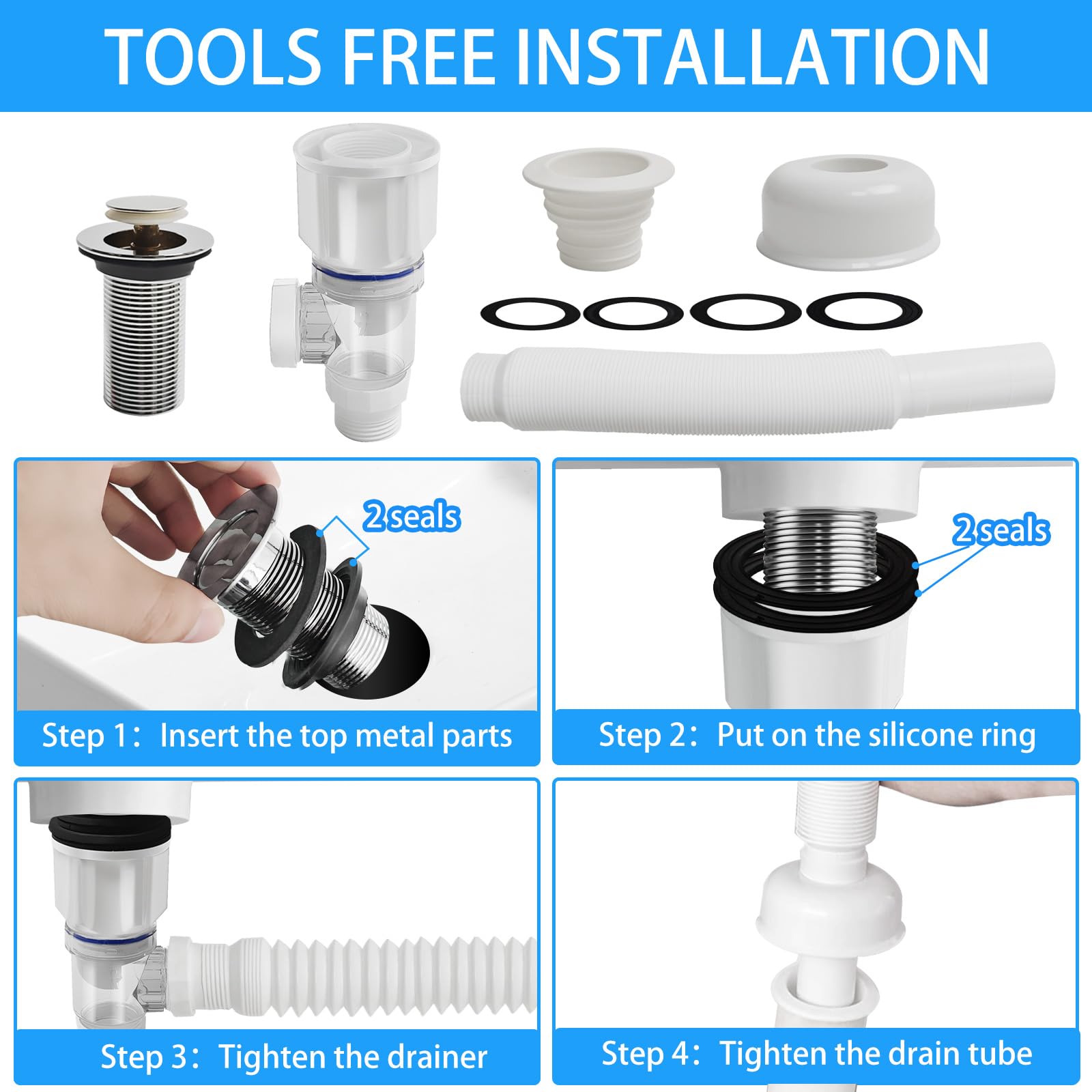 Bathroom Sink Drain Pipe Kit,Bathroom Sink Drain with Strainer Basket Hair Catcher and pop-up Stopper Flexible Sink Drain Pipe P-Trap,Suitable for drains Including for 1-1/4'' & 1-1/2'',RuQiankun