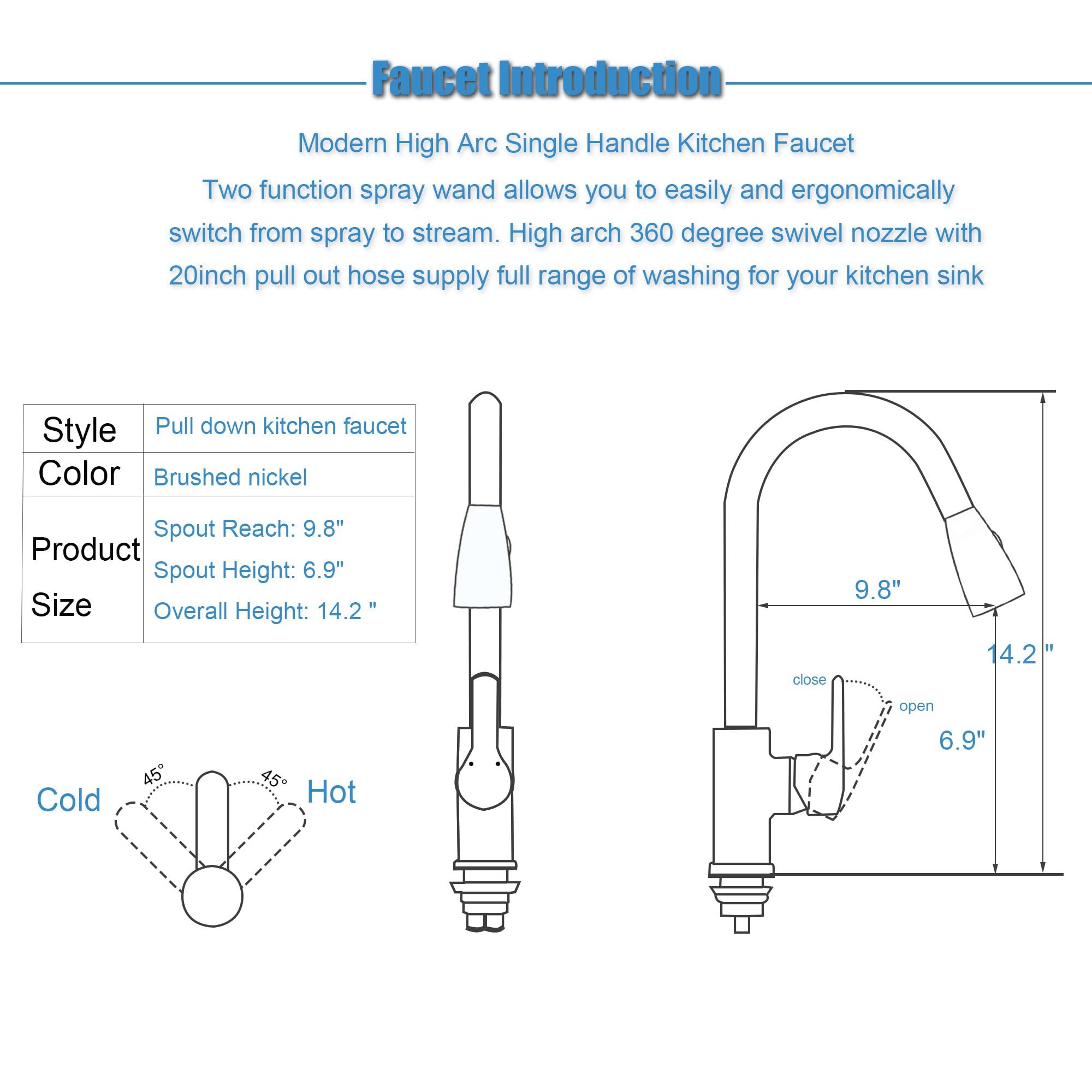 Comllen Single Handle Brushed Nickel Kitchen Faucet, High Arc Stainless Steel Kitchen Sink Faucet with Pull Down Sprayer, Modern Pull Out Faucet for Kitchen Sink with Deck Plate