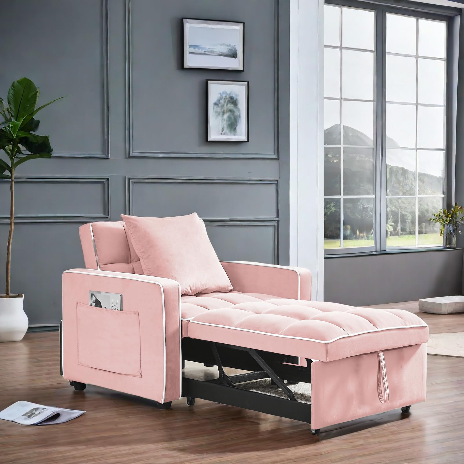 ChicFurnit Sofa Bed, Three-in-One Couch Chair with Upholstered Adjustable Curved Backrest & Pillow Top Arms, Velvet Folding Sleeper Sofa Bed with Side Pockets & Throw Pillow for Living Room, Pink