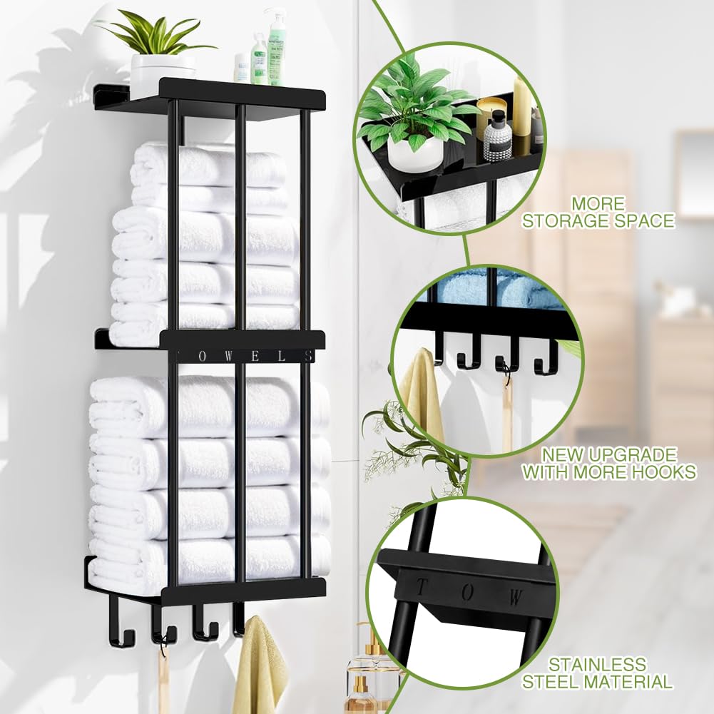 Bathroom Towel Storage Rack 3 Tier Towel Racks for Bathroom Wall Mounted 32 inch with Shelf and 4 Hooks of Rolled Bath Towels