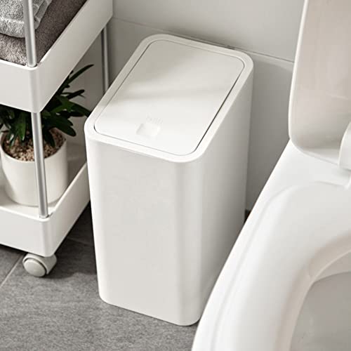 Bathroom Trash Can, Modern Slim Shape Pop-up Plastic Invisible Liner Garbage Bin for Kitchen, Bedroom, Living Room with Lid, Minimal Indoor Waste Basket with Liner Holder, 2.2 Gallon/ 8.5 Liter, White