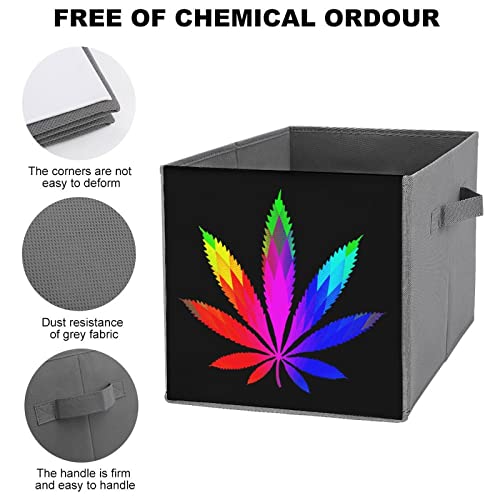 Colorful Weed Art PU Leather Collapsible Storage Bins Canvas Cube Organizer Basket with Handles