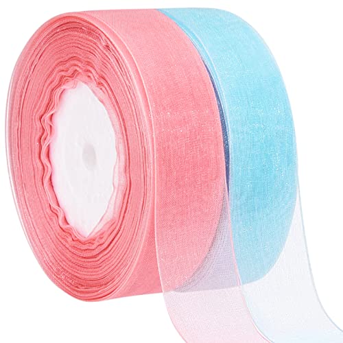 Hapeper 2 Rolls 1 Inch Sheer Organza Chiffon Ribbons for Gift Wrapping DIY Crafts Party Decoration, 50 Yards/ Roll (Pink, Light Blue)