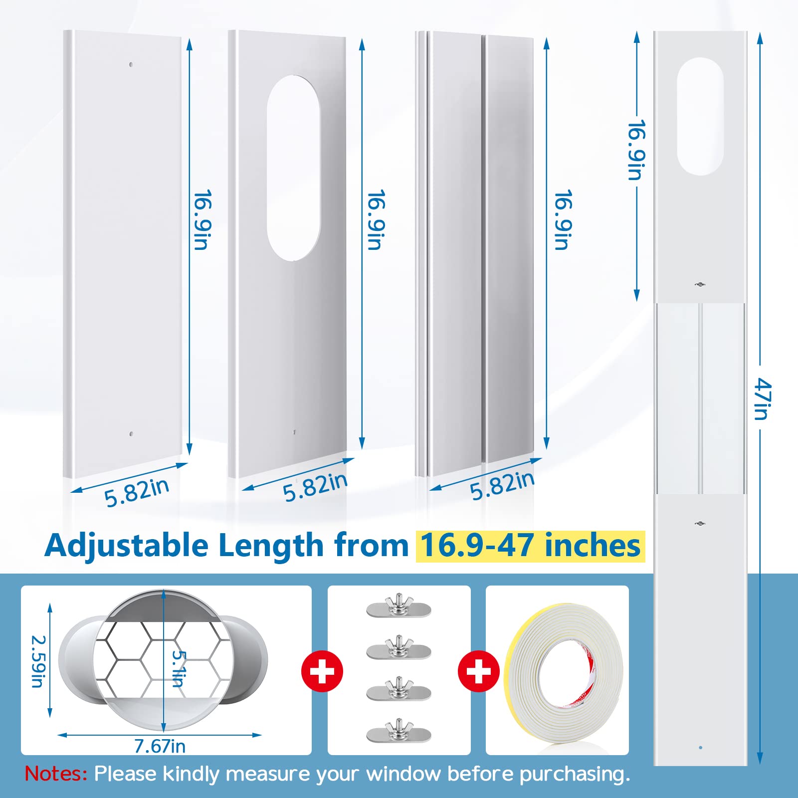 Portable Air Conditioner Window Kit for 5.1" Exhaust Hose, Window Seal Plates with Coupler and Bird Guard for Sliding Window, Adjustable Length From 16.9-47 inches Universal AC Vent Kit for AC Unit