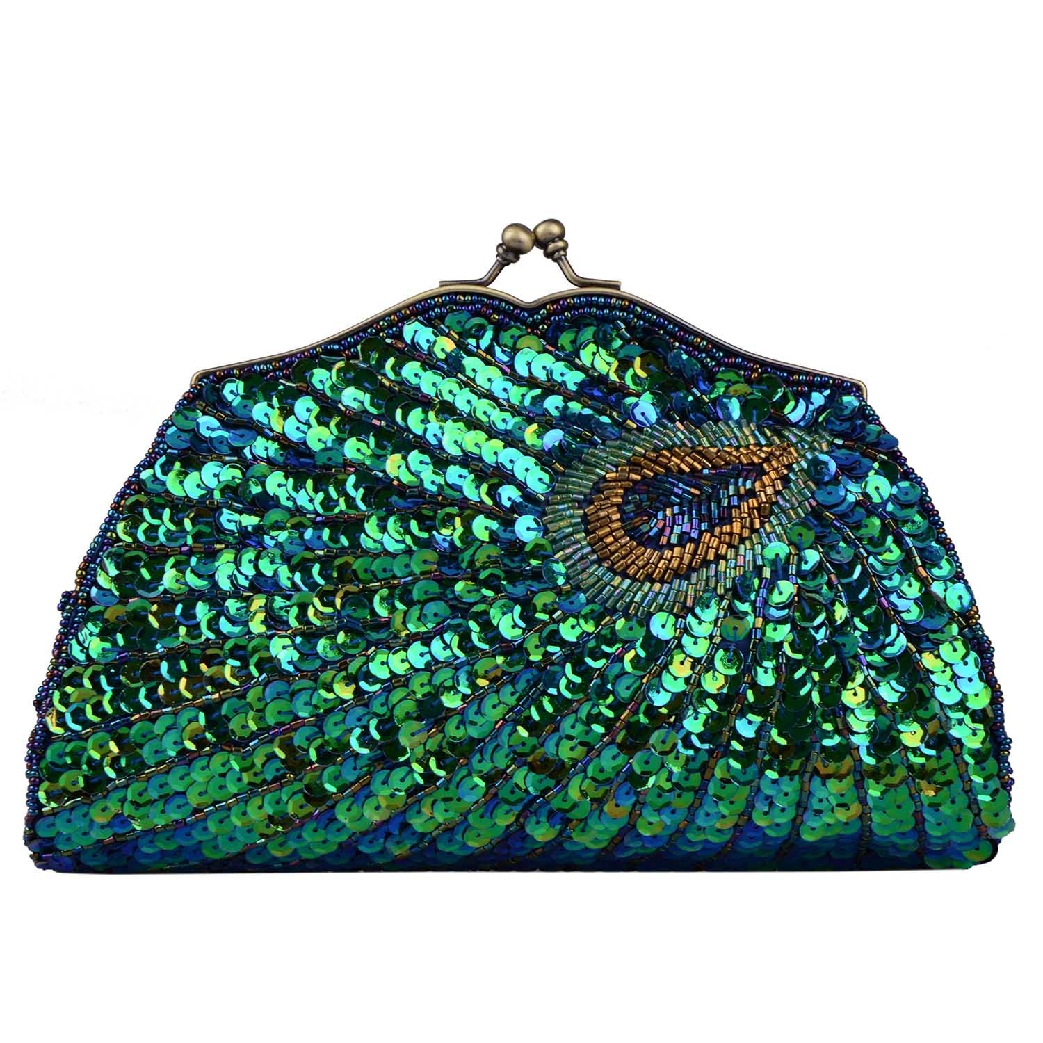 BAGLAMOR Women Full Shining Sequins Handbag Beaded Peacock Embroidery Clutch Purse Evening Bag