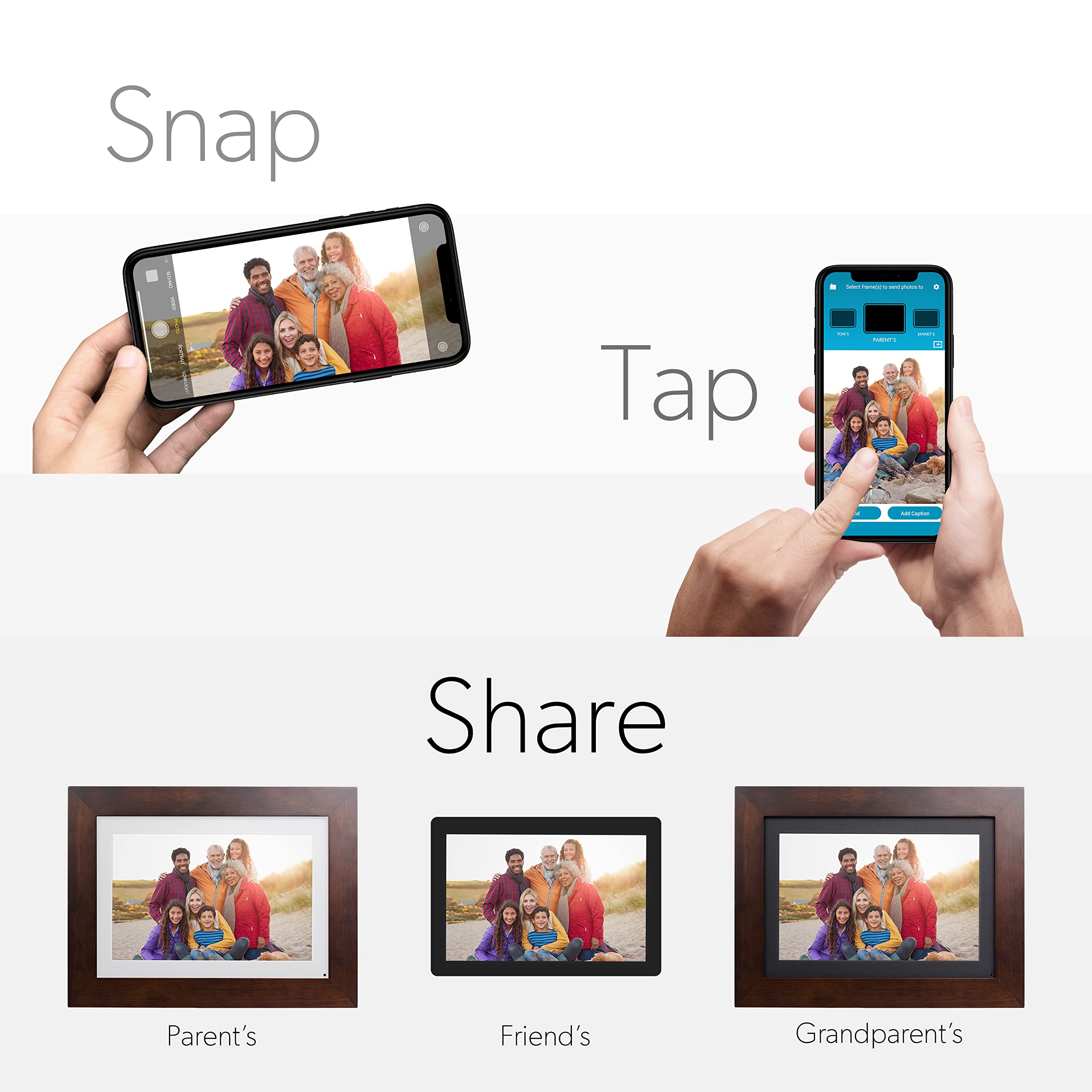 Brookstone PhotoShare 10.1” Smart Digital Picture Frame, Send Pics from Phone to Frames, WiFi, 8 GB, Holds 5,000+ Pics, HD Touchscreen, Premium Espresso Wood, Easy Setup, No Fees
