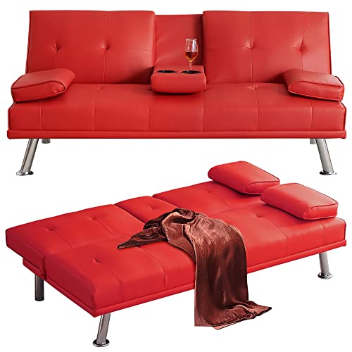Futon Sofa Bed, Multifunctional Foldable Recliner Faux Leather Sleeper Sofa w/ 2 Cup Holders, Loveseat Daybed Guest Bed for Compact Living Spaces, Apartments, Dorms, w/Removable Armrests,Red