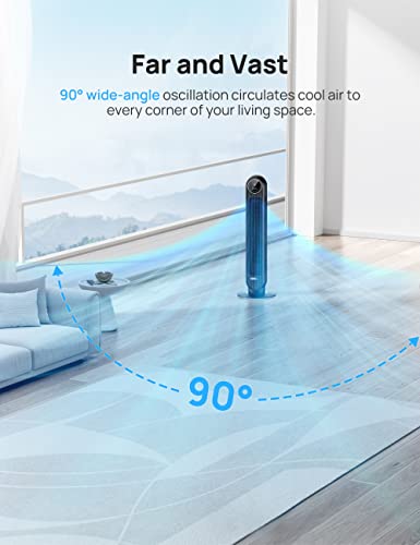 Dreo Tower Fan for Bedroom, 24ft/s Velocity Quiet Cooling Fan, 90° Oscillating Fans for Indoors with 4 Speeds, 4 Modes, 8H Timer, Bladeless Fan, Standing Floor Fans, Black, Nomad One (DR-HTF007)