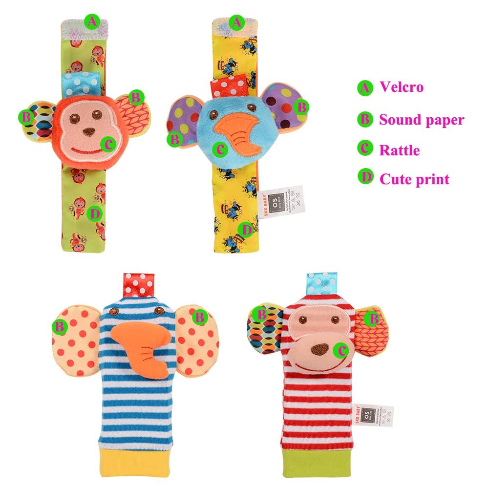 Baby Soft Rattles Toys,Infant Sensory Development Hand Grip Toys,Cute Stuffed Animal Handbells for Baby Gift(4 Pack)