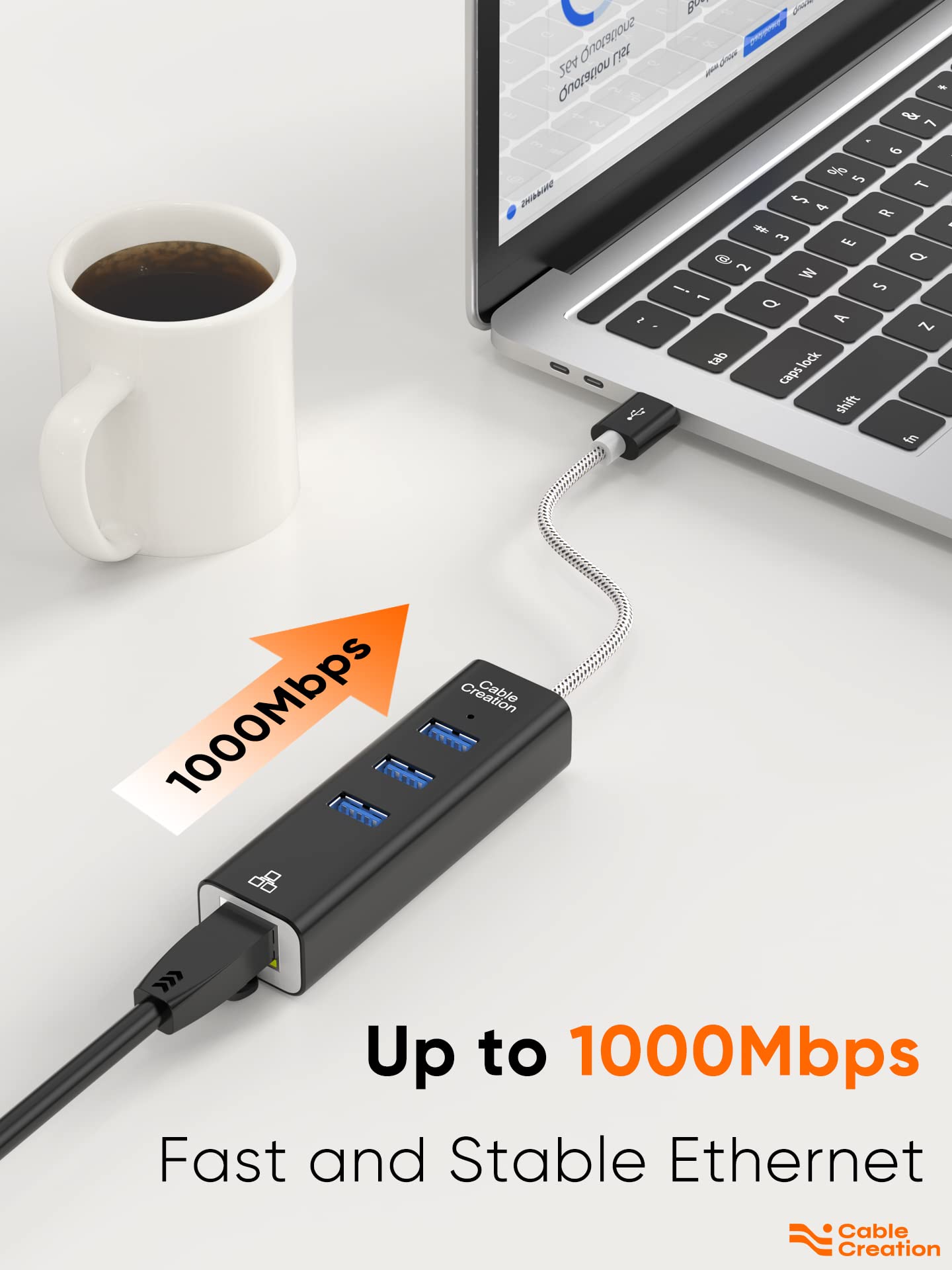 USB to Ethernet Adapter, CableCreation 3-Port USB 3.0 Hub, USB 3.0 Ethernet Adapter RJ45 10/100/1000 Mbps Gigabit Compatible with Windows PC, Laptop, MacBook Pro, USB Flash Drives etc, Aluminum Black