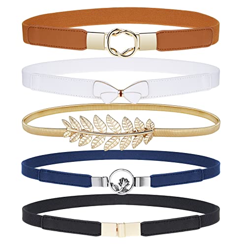 EAONE Skinny Waist Belts for Women 5 Pack, Fashion Stretchy Retro Elastic Leather Belts for Dresses