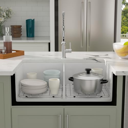 Dcolora 32 Inch White Fireclay Kitchen Sink Porcelain Double Bowl 50/50 Split Undermount Sinks Dual Mount Ceramic Sink Under Counter DC-U7737
