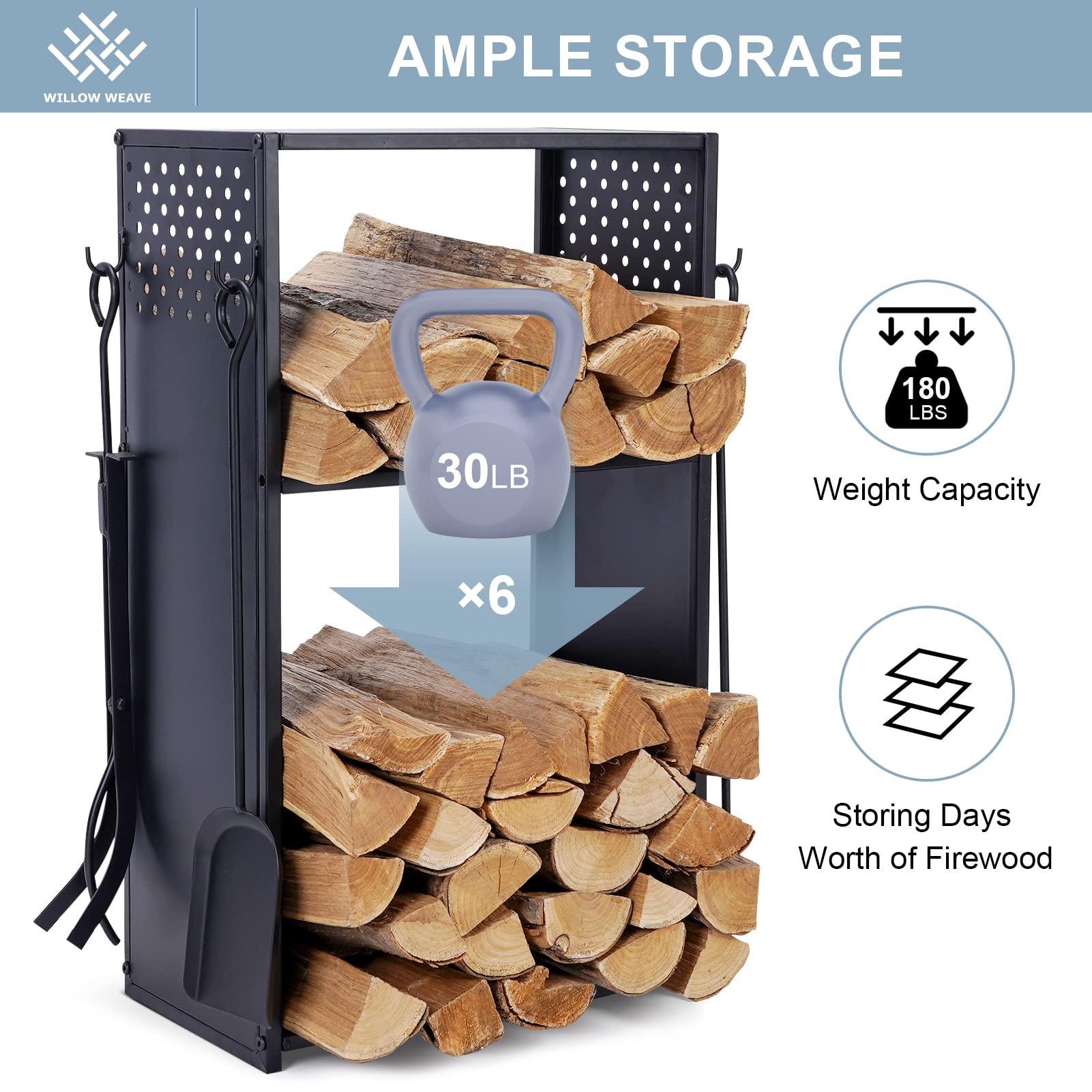 WILLOW WEAVE Firewood Rack Log Holder Wood Storage Rack 2 Layers Space-Saving Design with 4 Pieces Basic Heavy Duty Tools Easy to Put Together Great Use for Indoor Fireplace and Outdoor Firepit