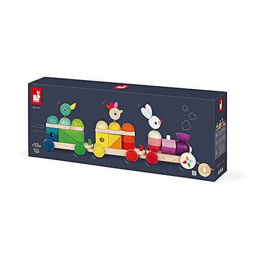 Janod Zigolos Giant 31 Piece Multicolor Wood Pull-Along Train and Stacker β Ages 1+ - J08202