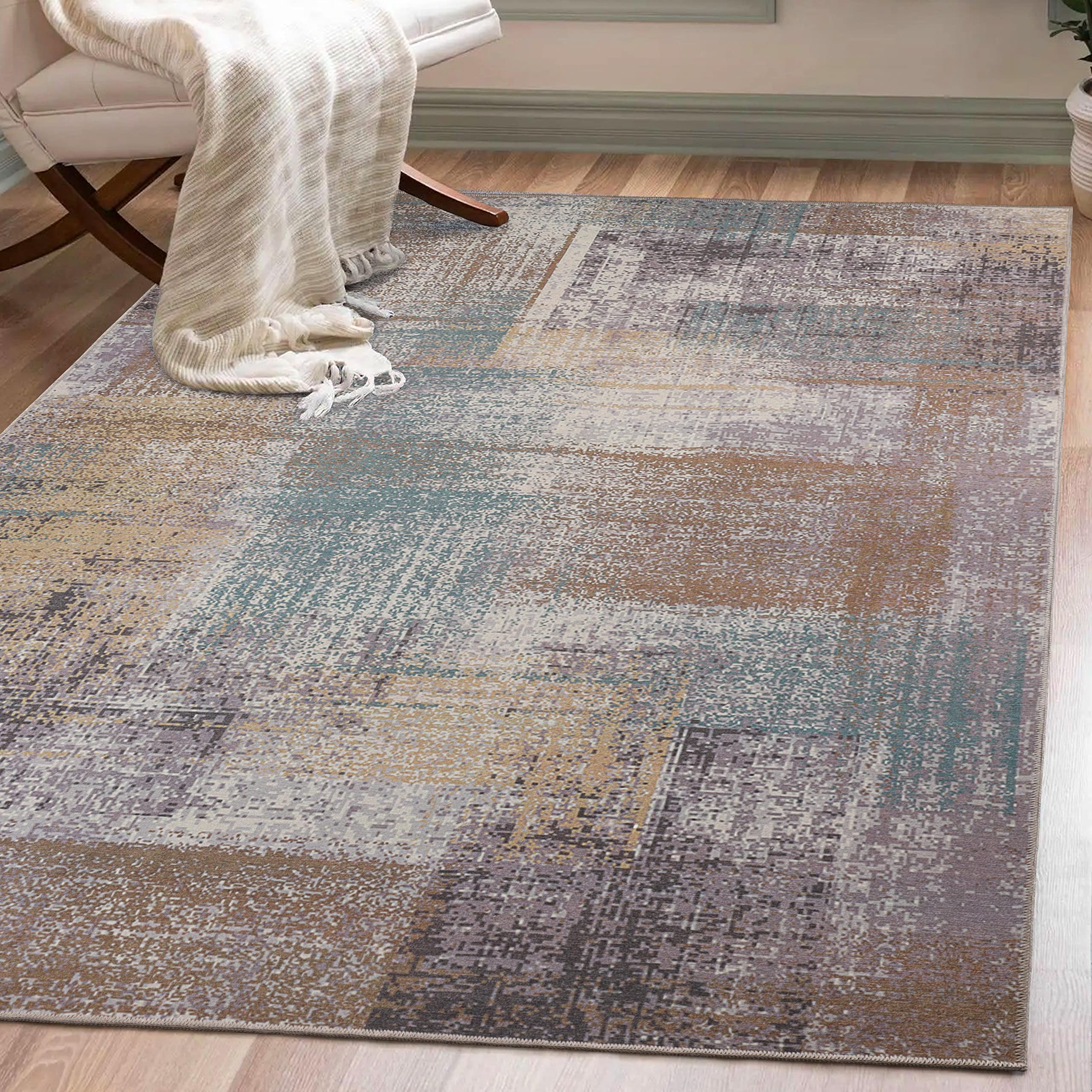 BNM Indoor Area Rug, Non-Slip Backing for Kids or Pets, Entryway, Living Room, Kitchen, Dorm, Bedroom, Hallway, Machine Washable Rugs, Floor Cover, Brushed Patchwork Home Decor, 4' x 6', Taupe