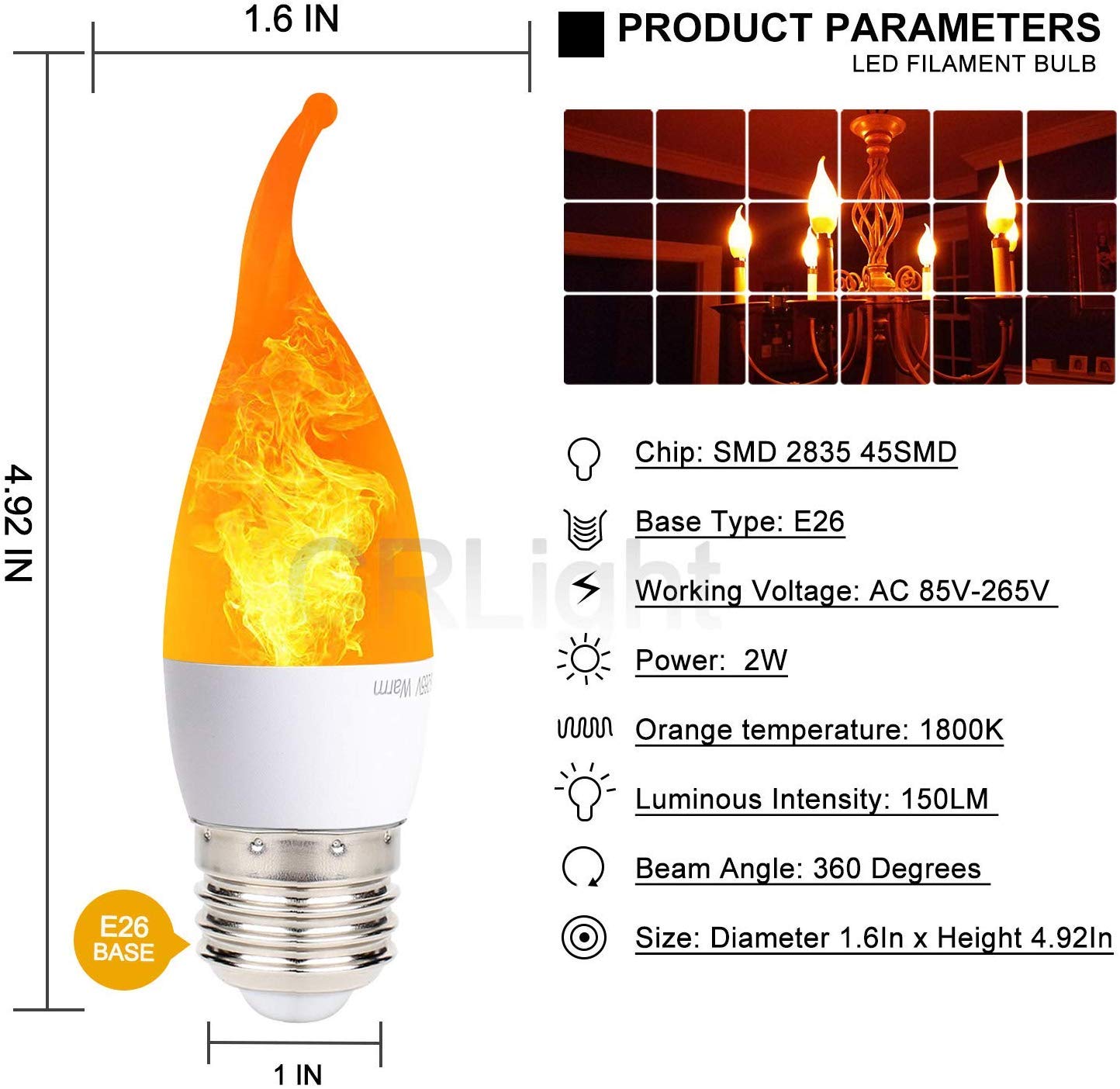 BAILAOYE 6 Pack LED Simulated Fire Flicker Flame Light Bulb, 3 Modes (Emulation General Breathing) 2W 1800K Warm White, E26 Base Fire Light Bulbs with Gravity Sensor for Home Bar Party Decorations