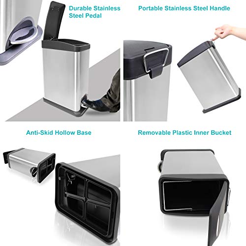 CTETC Slim Small Trash Can with Lid Soft Close and Removable Inner Wastebasket, Rectangular Narrow Stainless Steel Trash Can for Bathroom Bedroom Office, Anti-Fingerprint Brushed Finish, 2.1Gal/8L