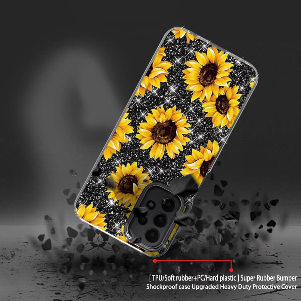 DDTKZC for Samsung Galaxy A23 5G Case,Samsung A23 5G Case Tempered Glass Protector Lustre Pattern-Sparkle 3 in 1 Clear Shockproof Case for Samsung A23 5G (Yellow Sunflower)