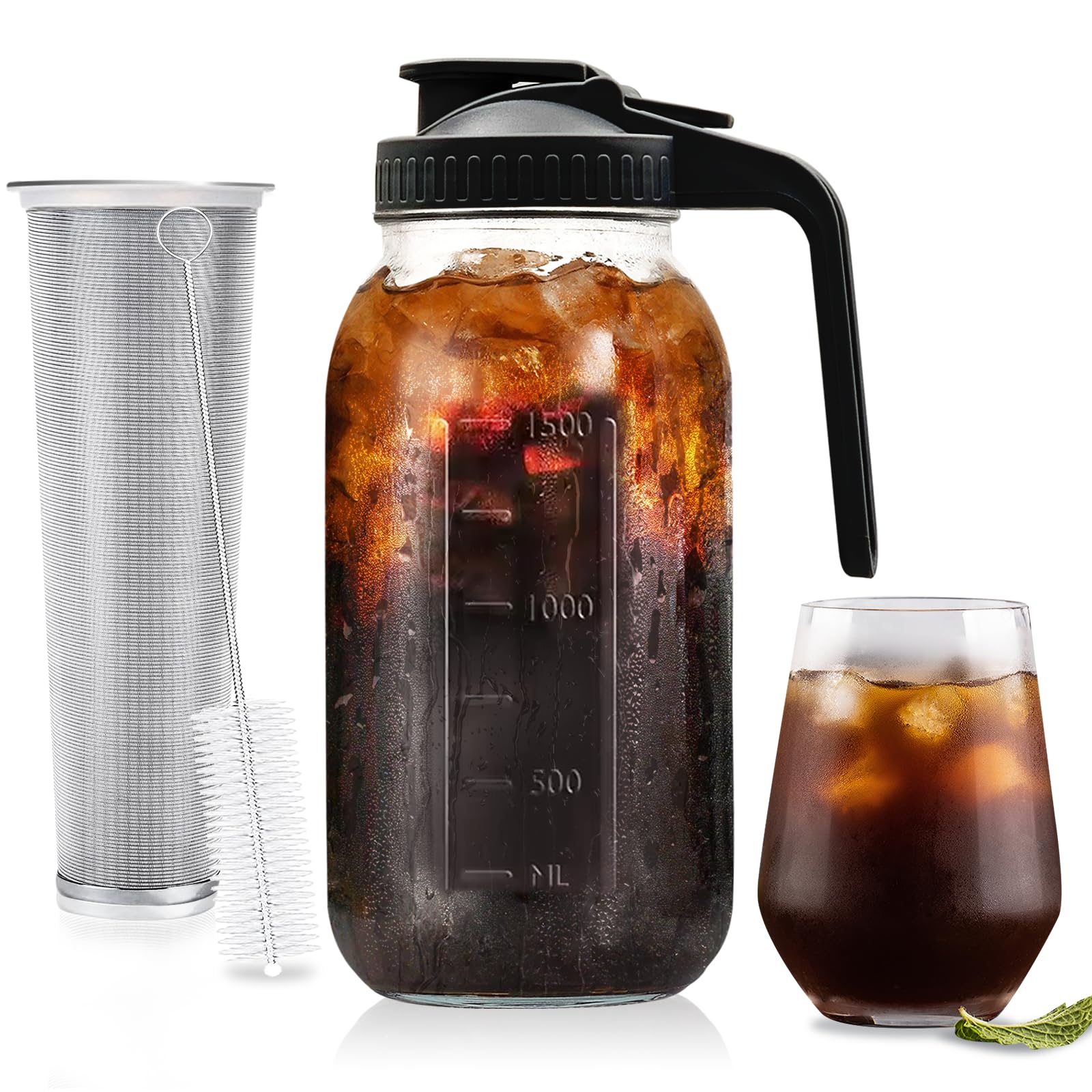 batoybeni Cold Brew Coffee Maker 64 oz (2 Quart / 1.9 Liter) Mason Jar - Wide Mouth Pitcher with Handle & Stainless Steel Filter for Coffee, Iced Tea, Sun Tea, Lemonade, and Homemade Fruit Drinks