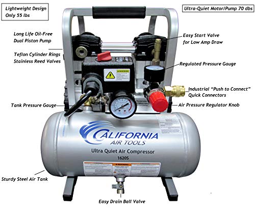 California Air Tools 1620S Ultra Quiet & Oil-Free 2.0 Hp, 1.6 Gal. Steel Tank Air Compressor