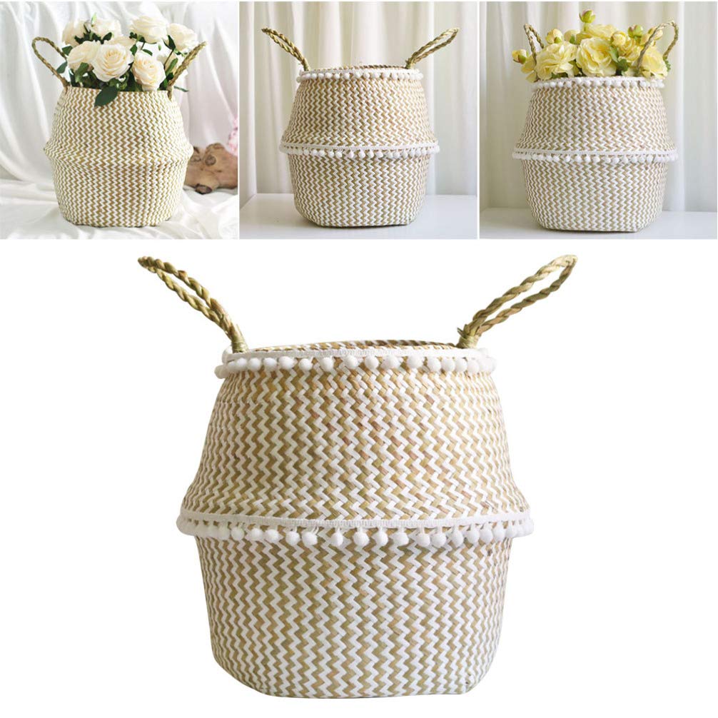 NUOBESTY Natural Round Seagrass Belly Basket with Handles for Storage Nursery Laundry Picnic Plant Pot Cover and Grocery and Toy Storage