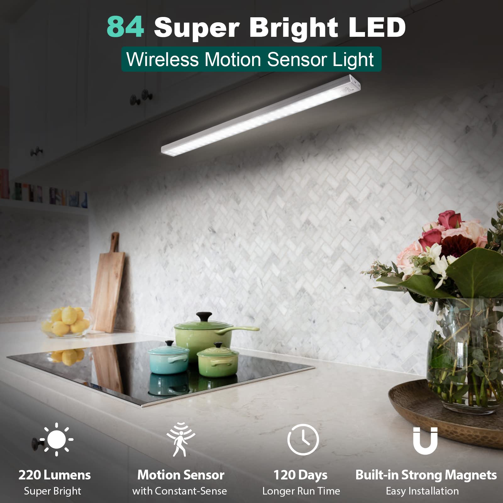BLS 84 LED Closet Lights Battery Powered LED Lights, Super Bright Under Cabinet Lighting, Motion Sensor Light Indoor, Wireless Lights, 3200mah Rechargeable Battery Operated Lights, 120 Days Run Time