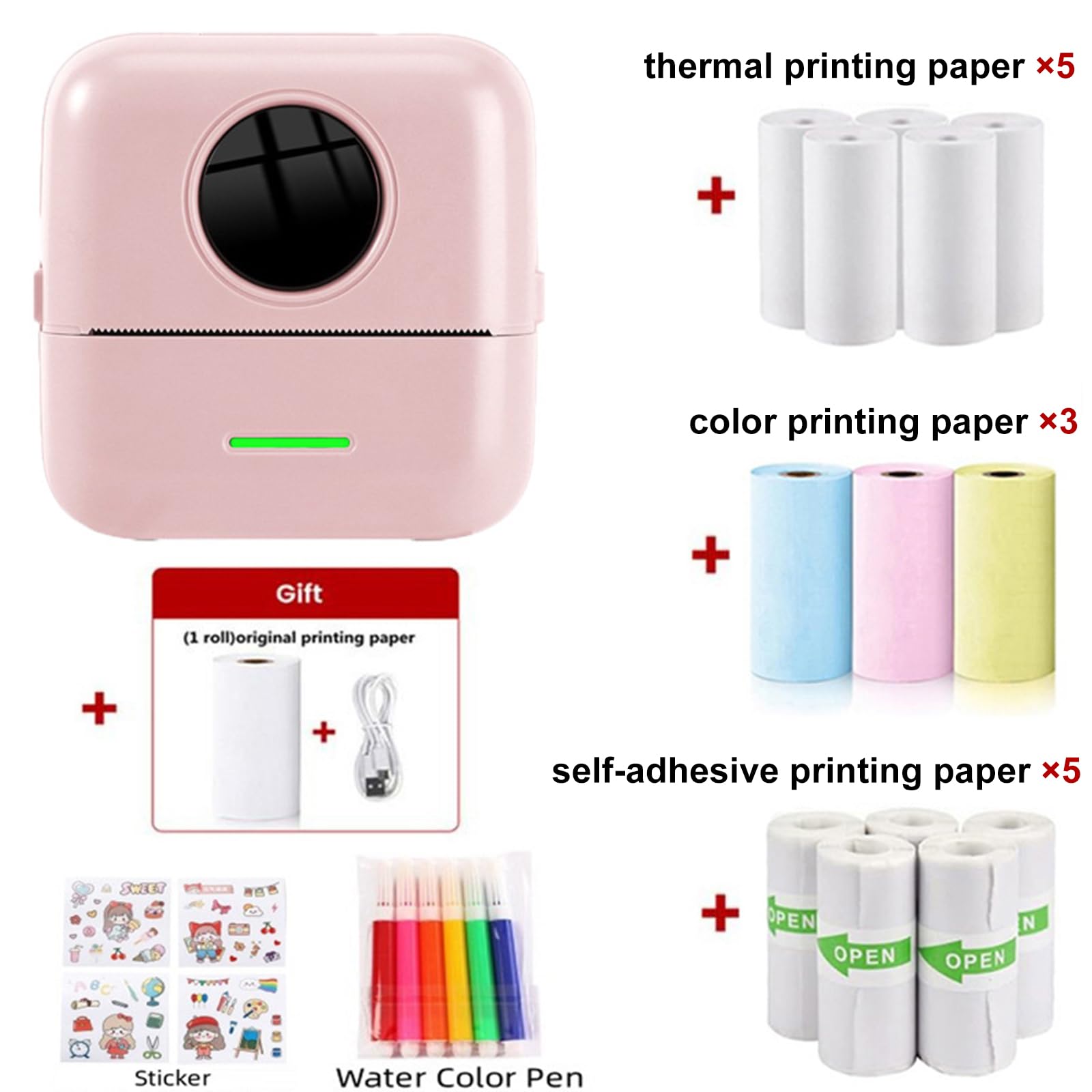 Crmanedy Portable Inkless Sticker Maker,Bluetooth Sticker Maker with 8 Rolls Paper,Compatible with iOS&Android,for DIY Making, Study Notes, memos, Lists, Work Plans, Graduation Gifts (Pink)