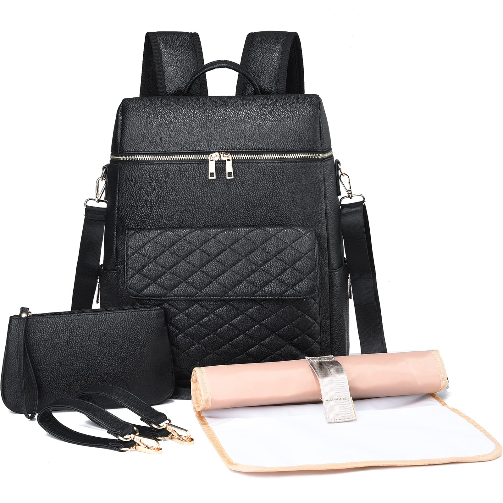 Diaper Bag Backpack Leather Baby Bag with Multiple Pockets, Changing Station, Stroller Straps, Large Capacity for Wet Clothes, Breast Pump, Milk Bottle Black