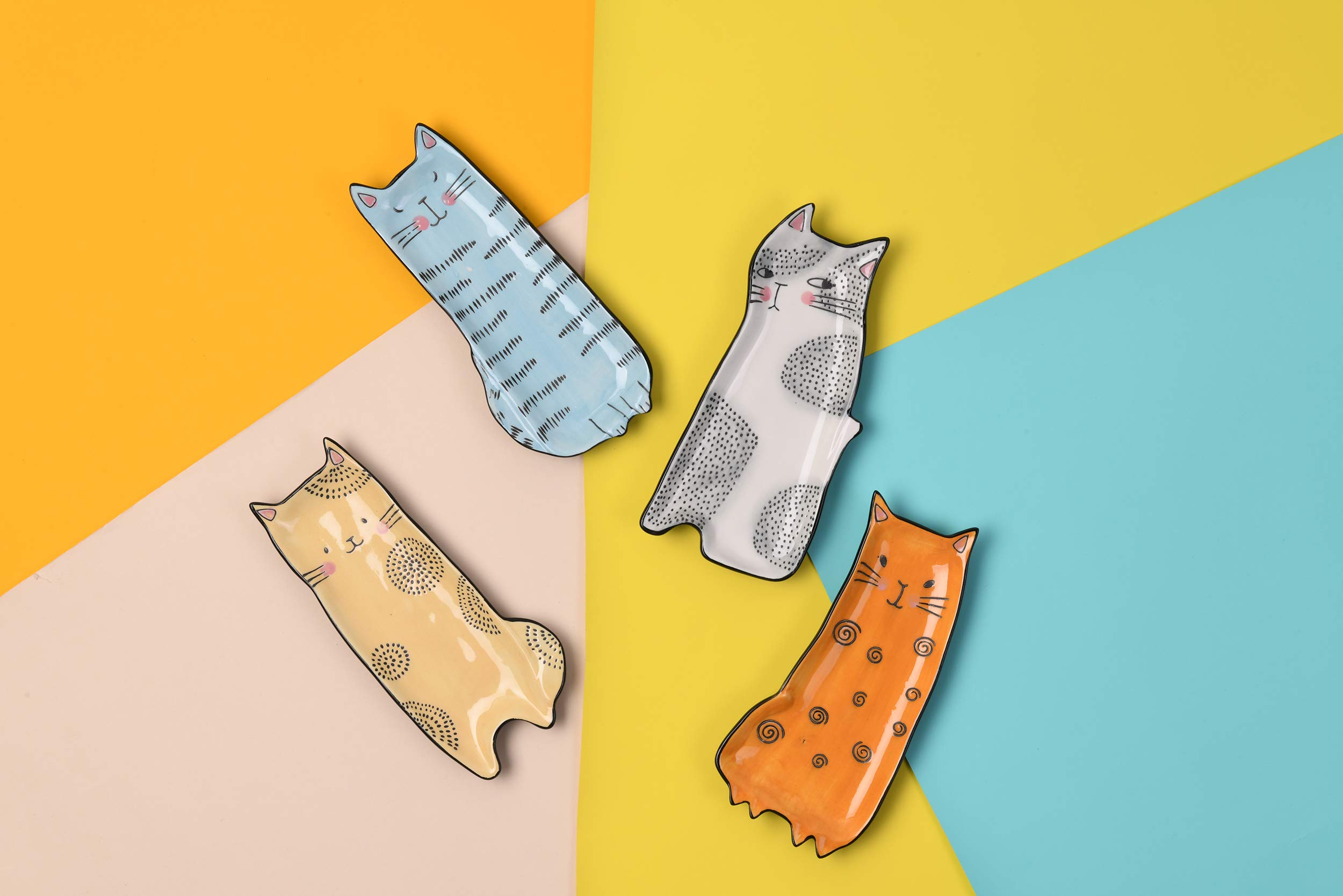 Bico Cartoon Cat Handcrafted Stoneware Ceramic 8 inch Appetizer Plates Set of 4, Assorted Color
