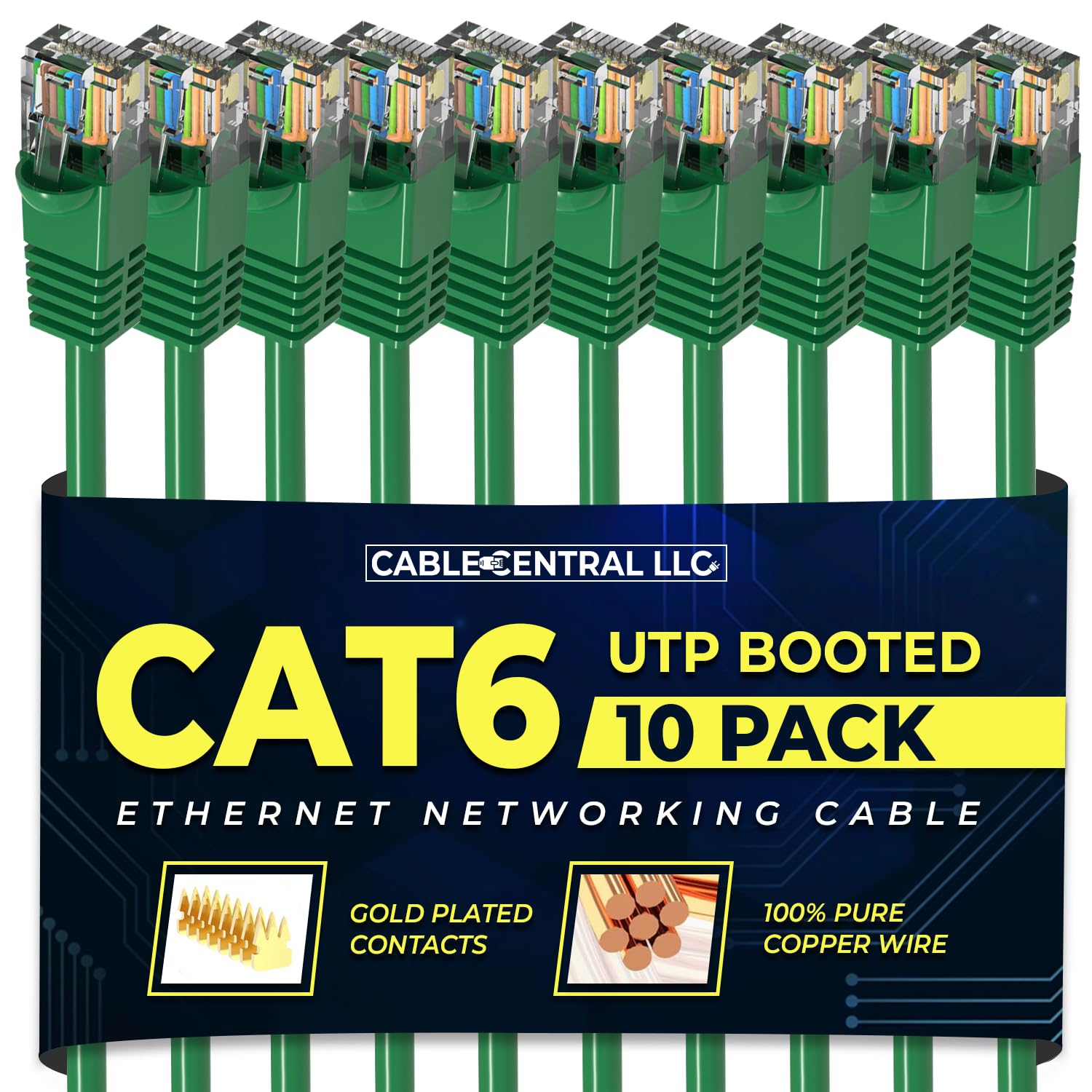 Cable Central LLC Cat 6 Ethernet Cable 100 Feet (10 Pack) High Speed Internet Patch Cord Cat 6 with RJ45 Connector - Green UTP Booted 100 Ft Computer Network Cable, Internet Cable, Cat 6 Cable