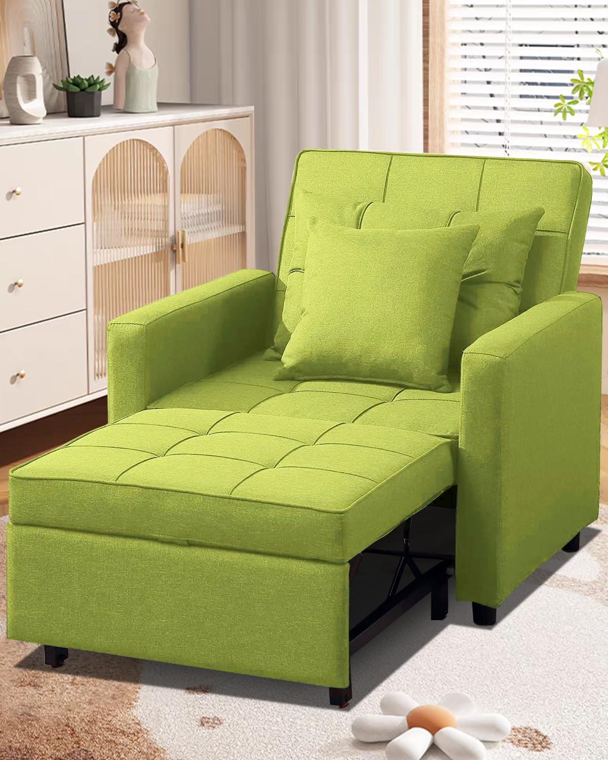 Convertible Chair Bed - Folding Sofa Bed Chair with Adjustable Backrest, 3-in-1 Multi-Functional Pull Out Sleeper Chair Bed Single Armchair Sofa Bed with Side Pocket (Green)