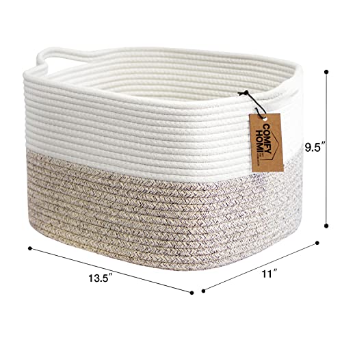 COMFY-HOMI 13.5"x11"x 9.5" Square Cotton Rope Woven Basket with Handle Laundry Storage Bin (Set of 2) Brown and Light Grey