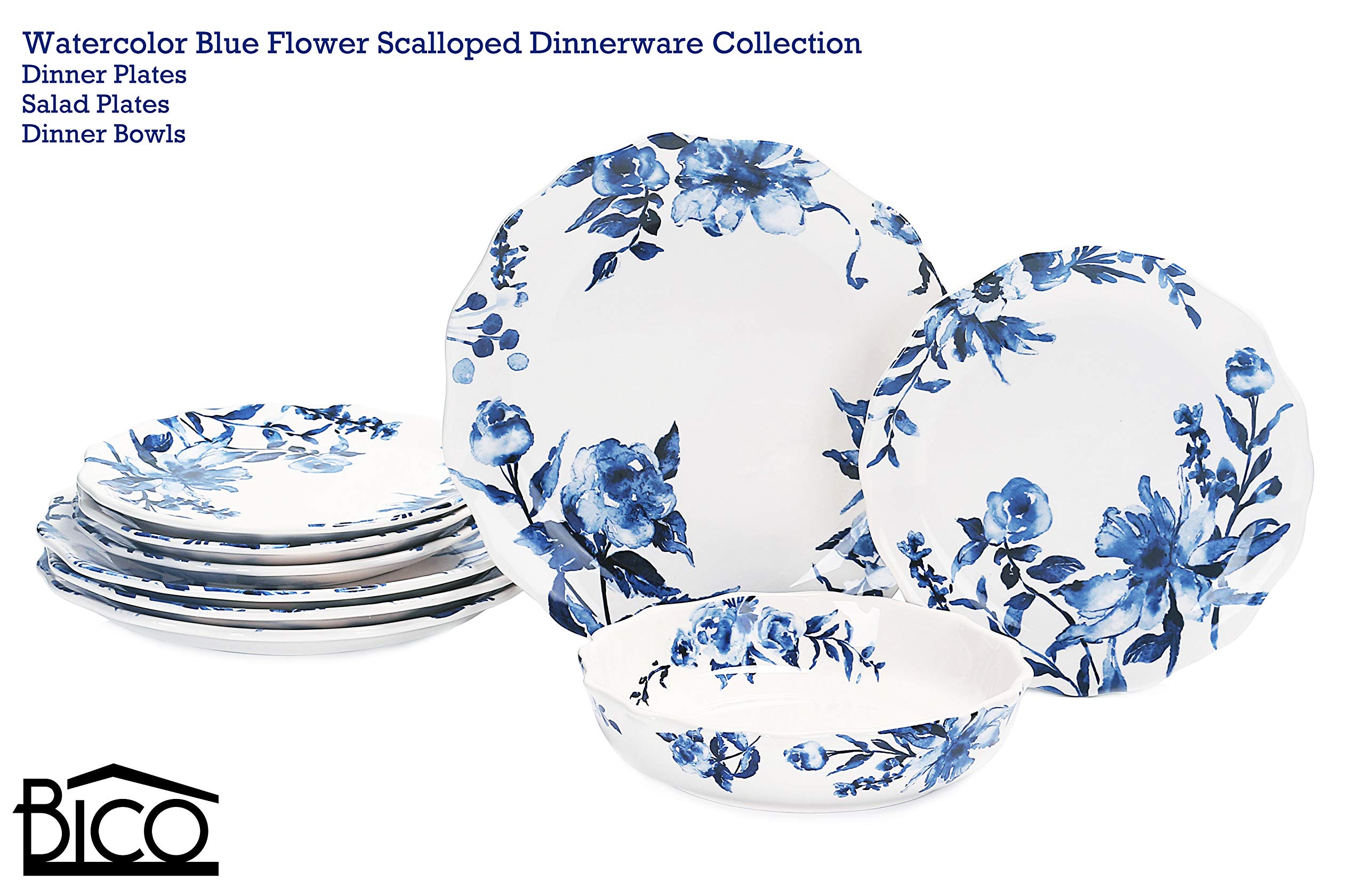 Bico Watercolor Blue Flower Scalloped Dinner Plates, Ceramic, 11 inch, Set of 4, for Pasta, Salad, Maincourse, Microwave & Dishwasher Safe