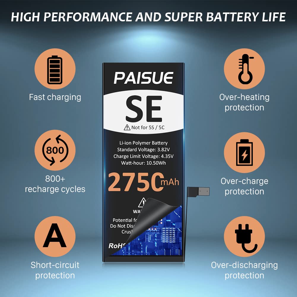 Battery for iPhone SE 2016 1st Generation, [2750mAh] Upgraded New Version High Capacity 0 Cycle Replacement Battery for iPhone SE First Gen Models A1662, A1723, A1724 with Professional Repair Tool Kit