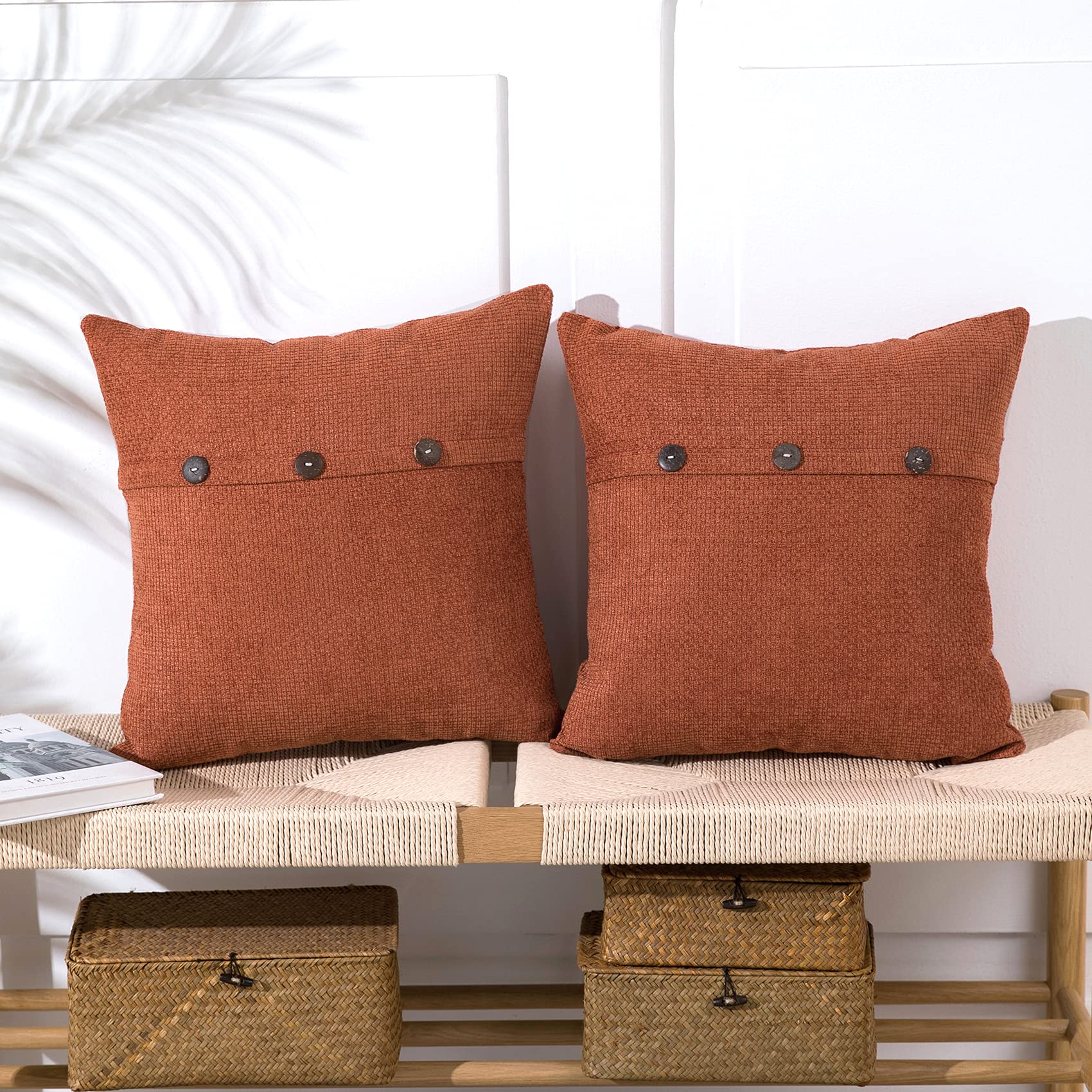Anickal Burnt Orange Pillow Covers 18x18 Inch with Triple Buttons Set of 2 Chenille Rustic Farmhouse Decorative Throw Pillow Covers Square Cushion Case for Home Sofa Couch Decoration
