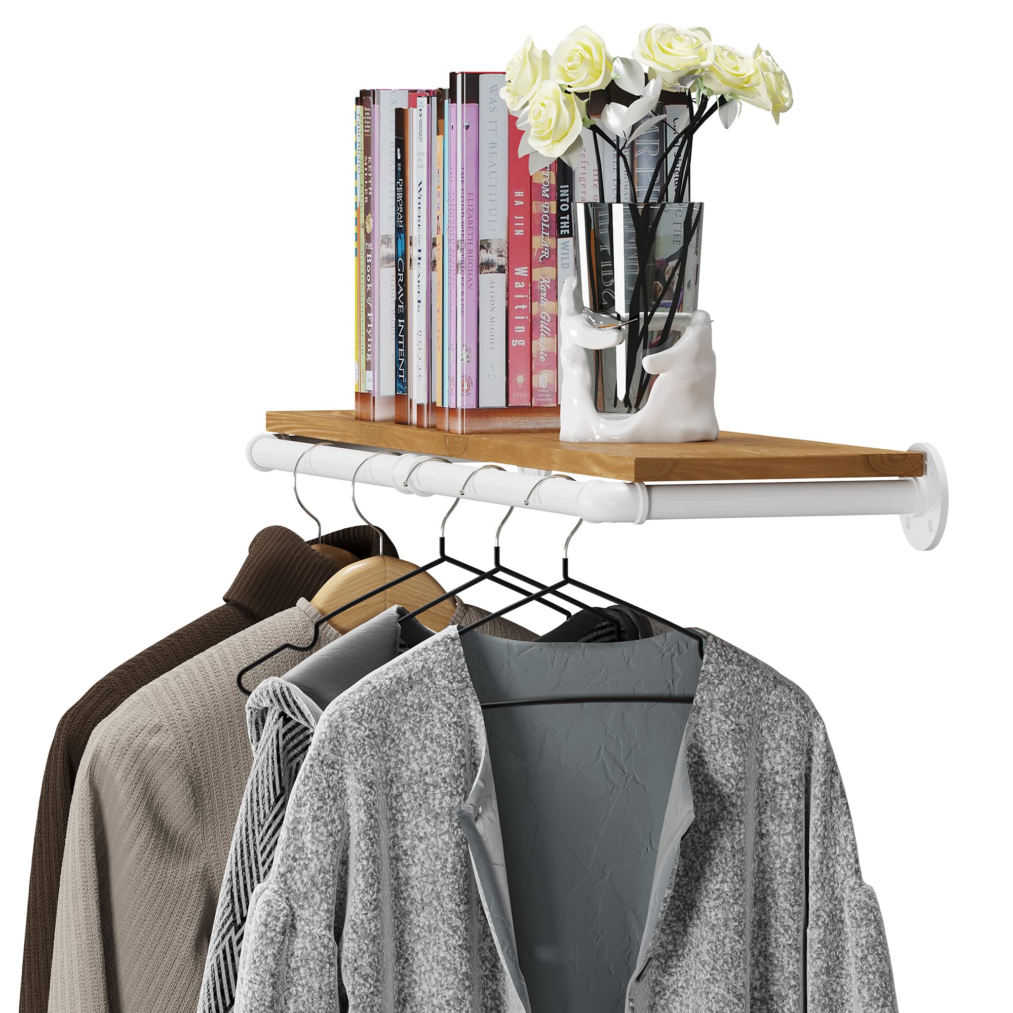 HOEMLIM Industrial Pipe Clothing Rack Wall Mounted Clothes Rack Heavy Duty Space-Saving Garment Bar Rack Detachable Multi-Purpose Hanging Rod,36 inch(White)