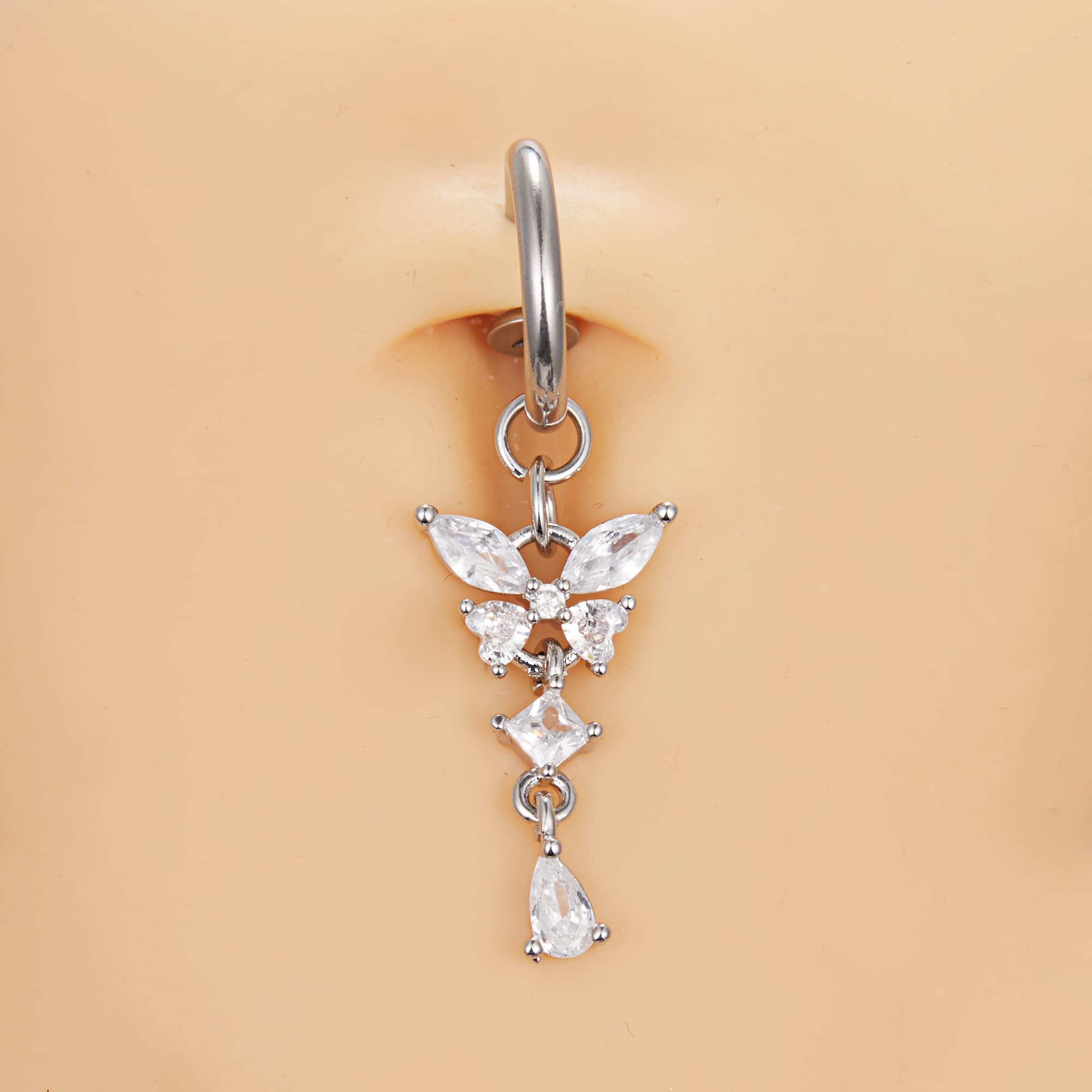 BELLA-Bee Heart Belly Button Rings Crystal Dangle Top Down Belly Rings CZ Navel Rings Surgical Steel Belly Button Body Piercing Jewelry