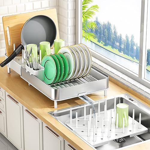 Dish Drying Rack - Expandable Dish Racks - Large Stainless Steel Dish Drainer for Kitchen Counter with Utensil Holder and Cup Holder, White