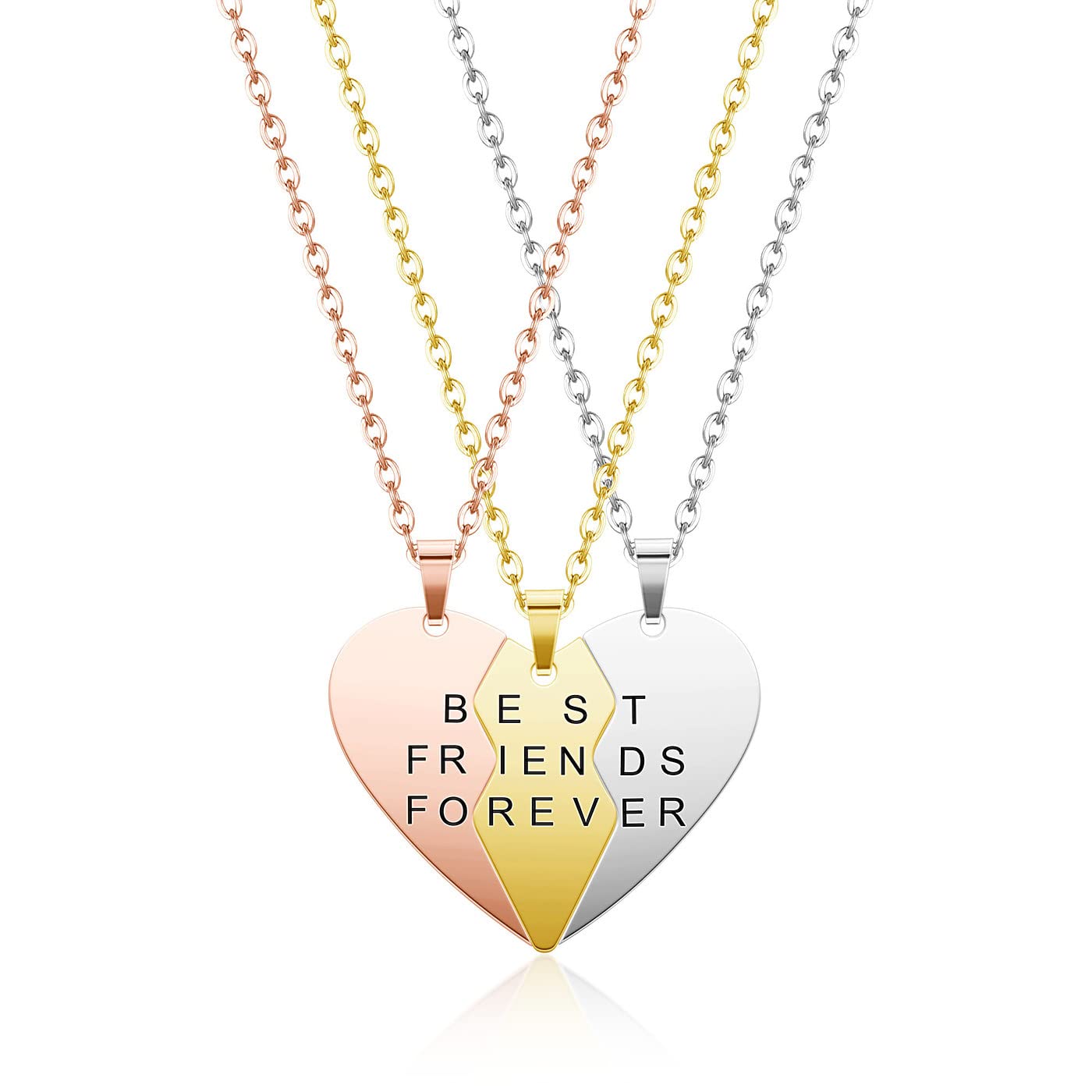 BOPREINA 3pcs Personalized Best Friends Forever BFF Necklace Stainless Steel Engraved Puzzle Heart Friendship Pendant Custom Name Matching Heart Necklaces Gift Set