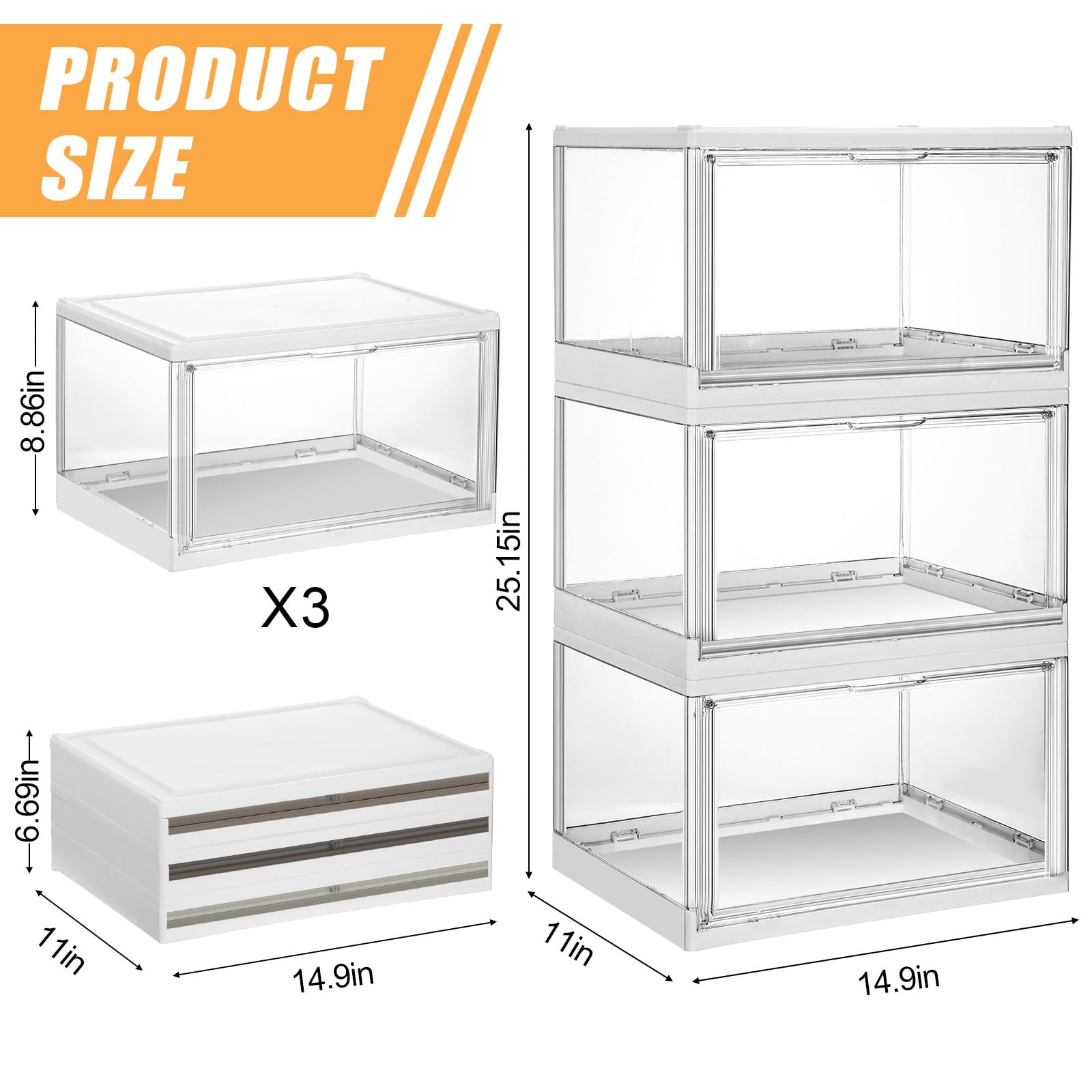 CroBlissful 3 Pcs 15 x 11 x 8.8 Inches Clear Stackable Storage Bins with Lids Collapsible Plastic Closet Organizer Foldable Closet Containers for Office Garage Clothes Living Room Bedroom