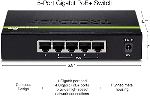 TRENDnet 5-Port Gigabit PoE+ Switch, 31 W PoE Budget, 10 Gbps Switching Capacity, Data & Power Through Ethernet to PoE Access Points and IP Cameras, Full & Half Duplex, Black, TPE-TG50g