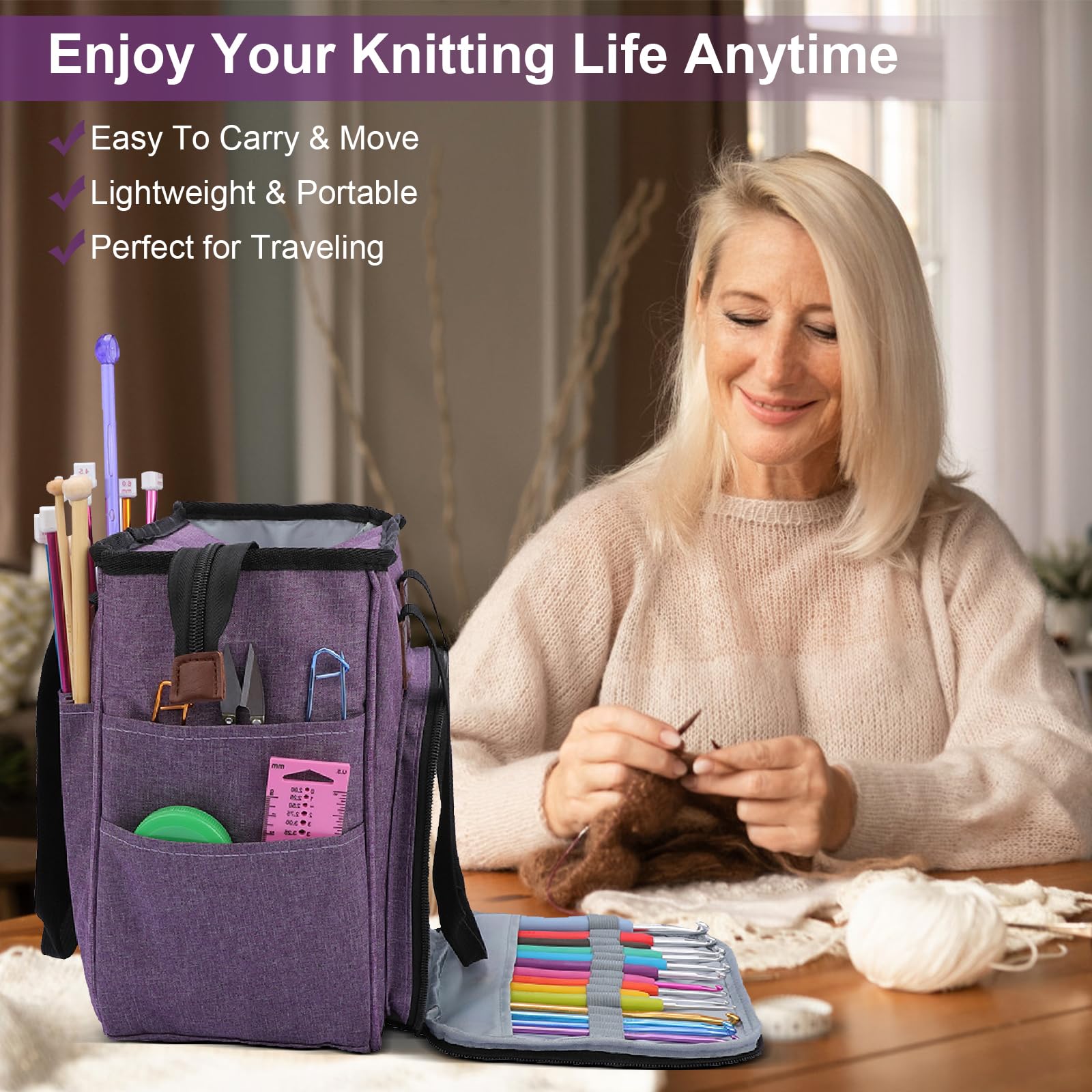 Crochet Bag Organizer, Yarn Storage Bag with Inner Divider & Zipper Knitting Bags Yarn Storage Organizer for Crochet Hooks Suppliers Knitting Needles Accessories