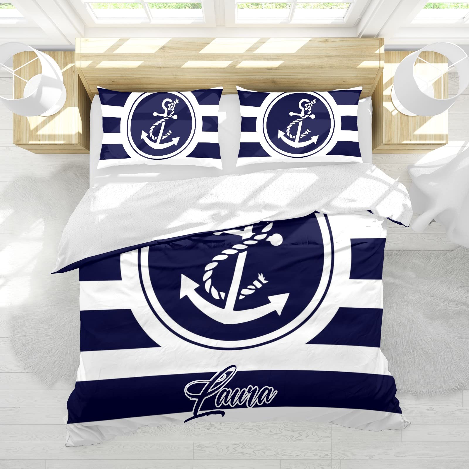 XIUCOO Custom Blue Striped Anchor Name Duvet Cover Set with 2 Pillow Shams Bedding Sets Personalized Quilt Cover for Birthday Wedding Queen Size Gift