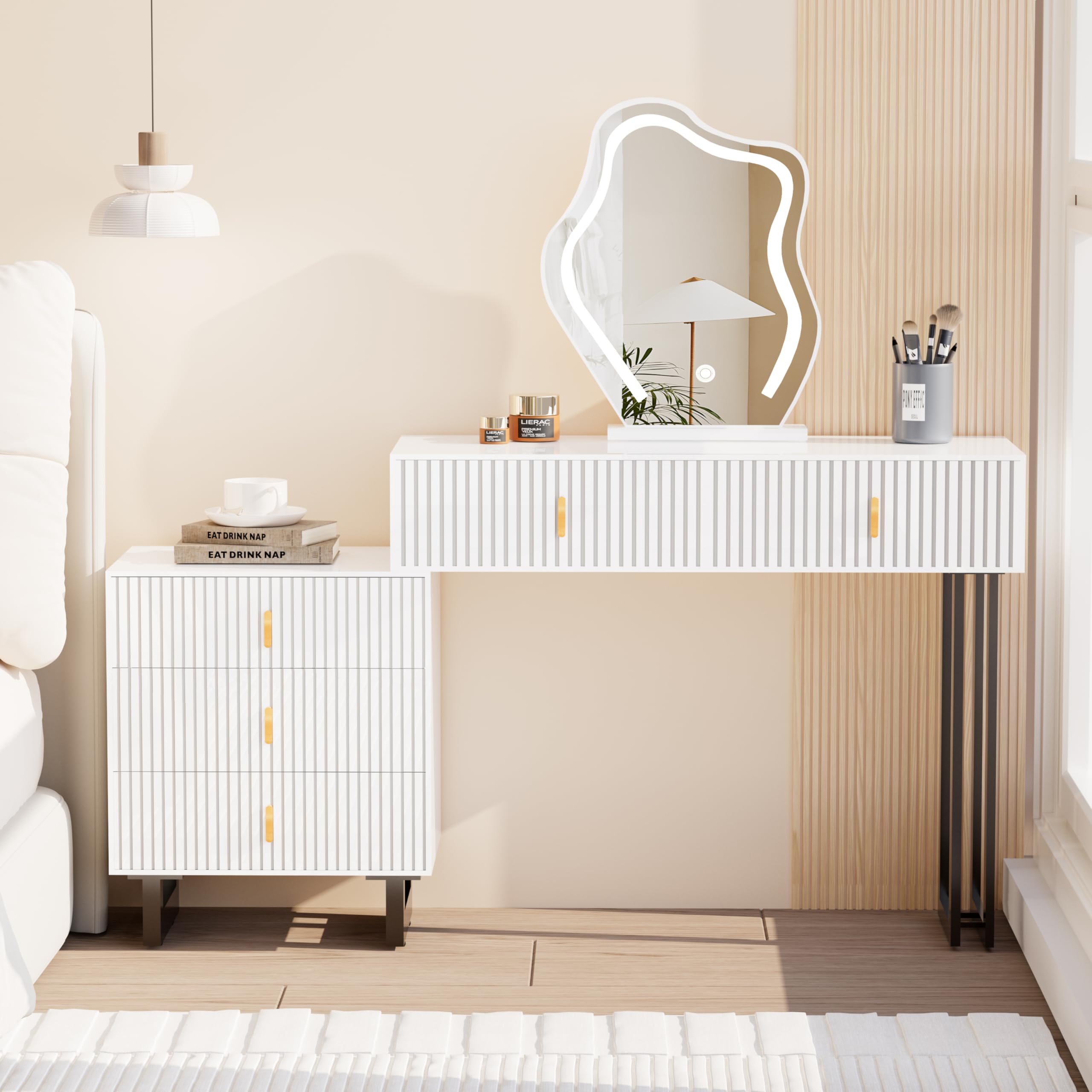 Chilihom Vanity Desk with Mirror and Lights, Dressing Table Vanity Set with 5 Drawers, Makeup Vanity Table with 3 Lighting Modes, Retractable Makeup Desk Vanity with Storage, Cloud Mirror White