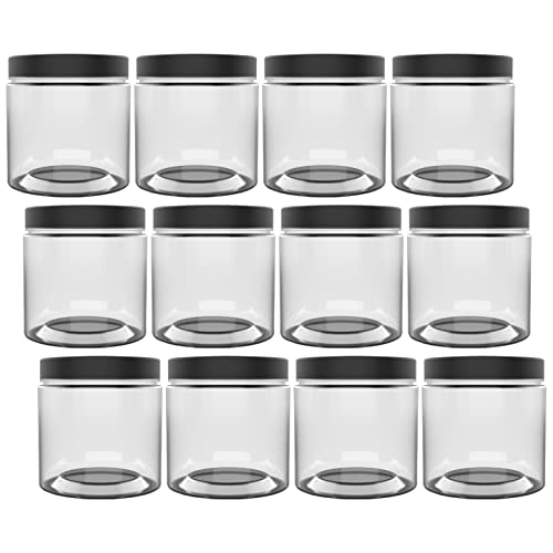 HoleviFO 14oz (420ml 12 Pack) Empty Clear Wide Mouth Plastic Jars with Matte Black Lids and Labels - Round PET Containers for Food Storage and Dry Goods,Craft and More - BPA Free