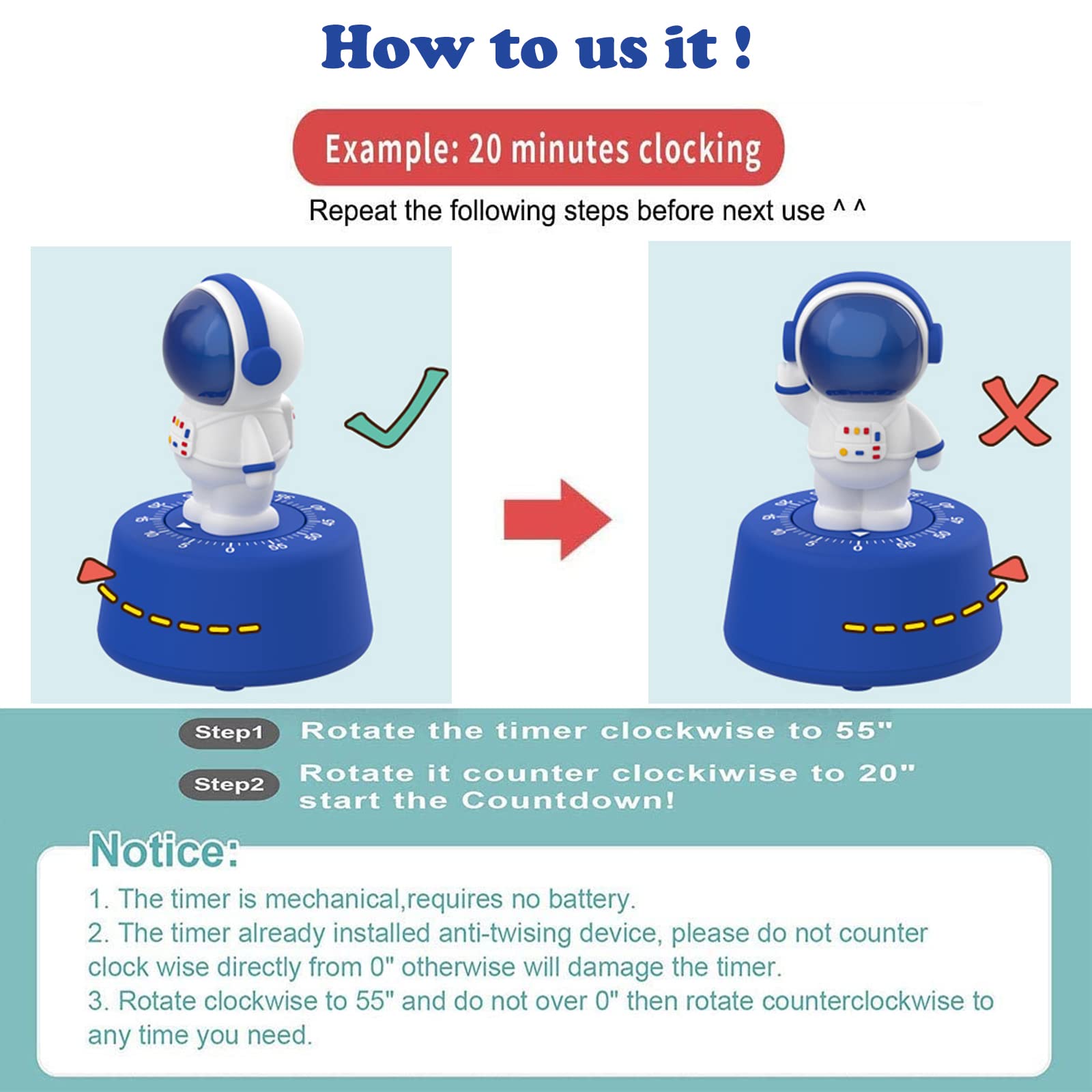 Cartoon Timer Kids Cute Kitchen Timer, Astronaut Learning Management Timer, Reminder No Batteries for Study Work Exercise Training Home Desktop Decor (Blue)