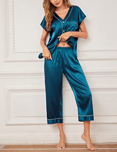 Ekouaer Plus Size Satin Pajamas for Women Two-Piece Nightgown Button Down Short Sleeve Loungewear PJ Set Dark Green