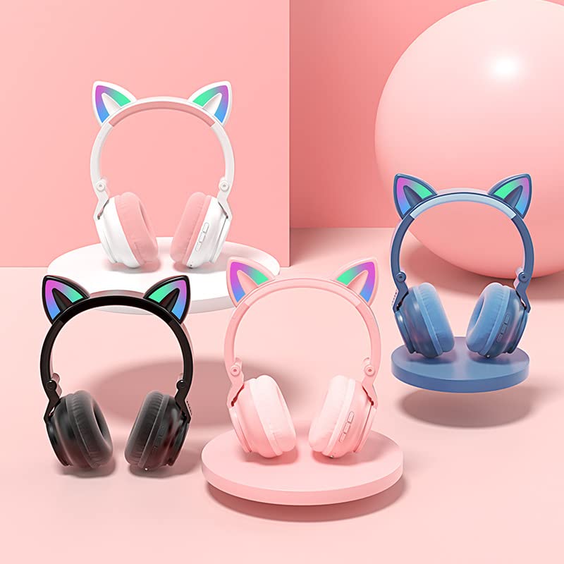 Headset Cat Ears Bluetooth Earphone Wireless Gaming Noise Cancelling 8 Hours with Mic USB Virtual Reality Detachable Cute Luminous Mouse Ear Rainbow RGB Flashing Light On-Ear Headphone (Pink) (ER-1)